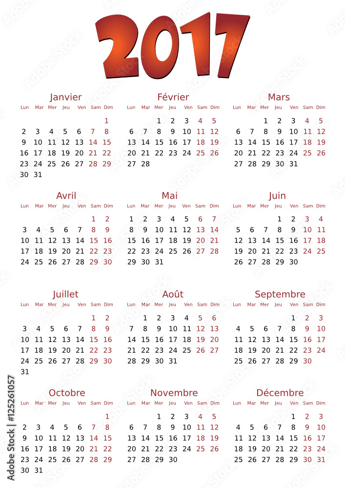 Calendrier 2017 simple - facilement éditable Stock Vector | Adobe Stock
