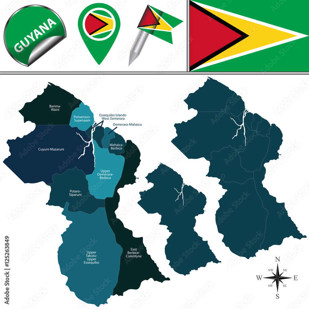 Map of Guyana with Named Regions Stock Vector | Adobe Stock