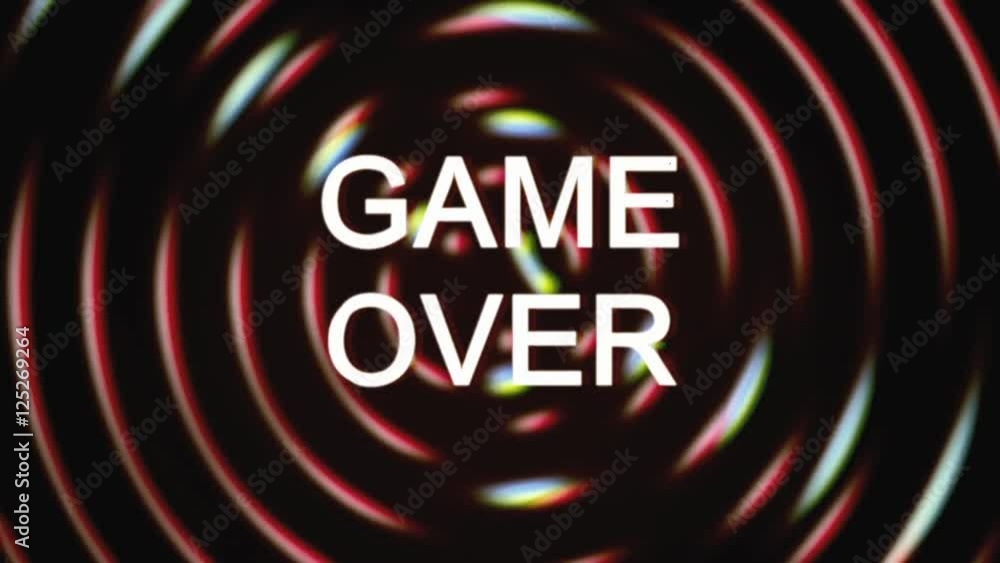 The text Game Over appears over a set of spinning circles with a lens ...