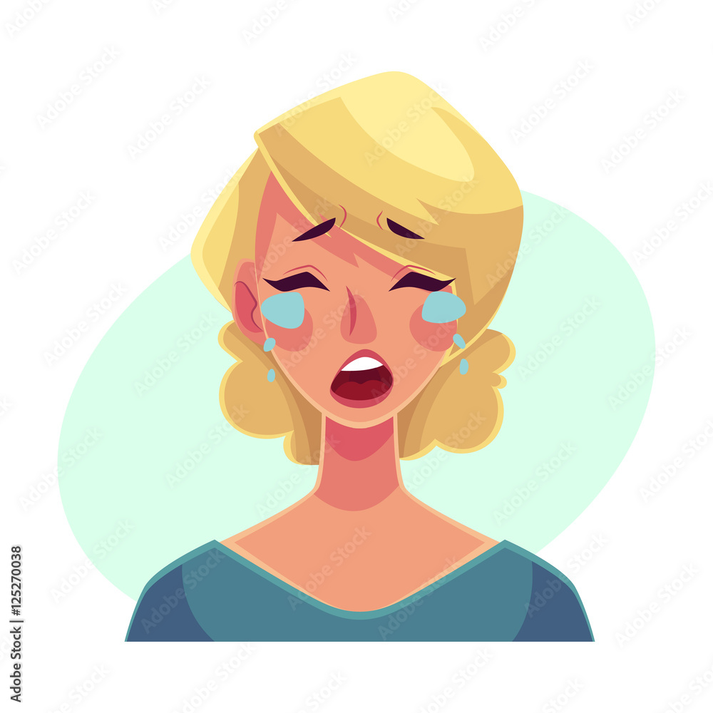 Pretty blond woman, crying facial expression, cartoon vector ...