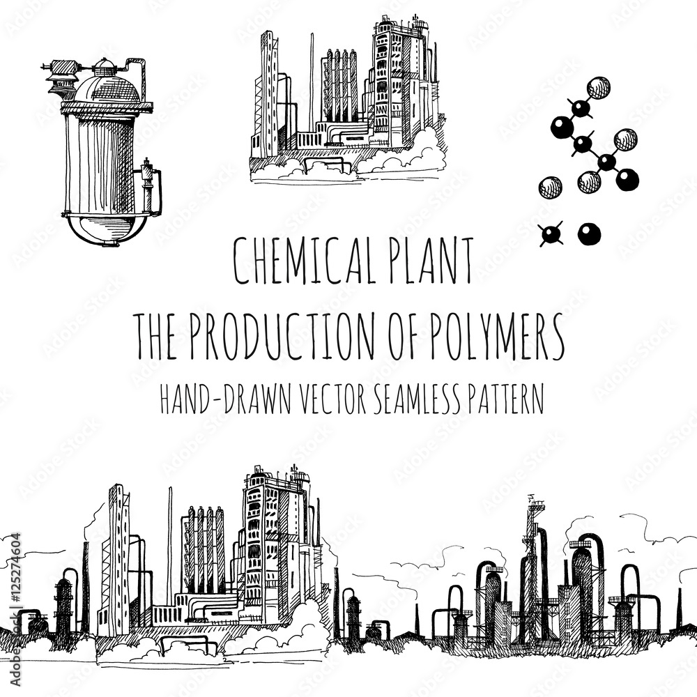 Chemical plant, the production of polymers, hand-drawn sketch vector ...
