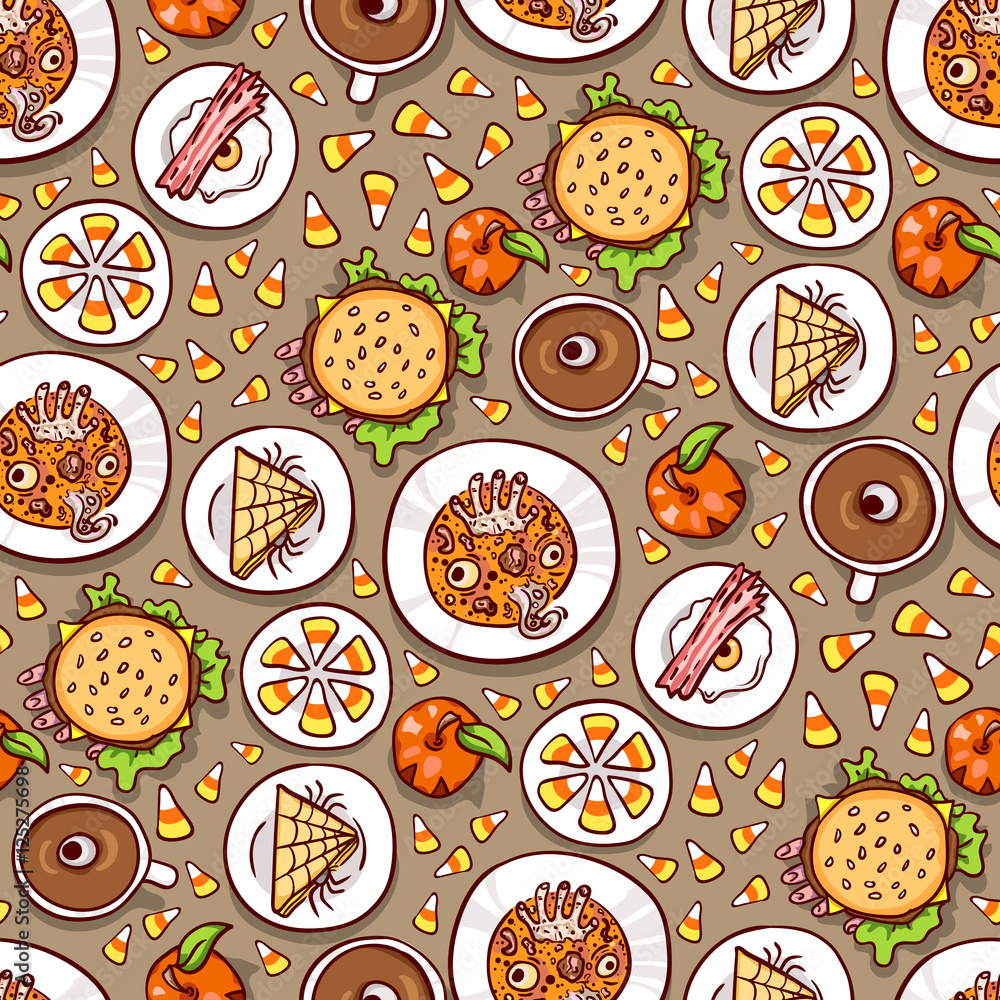 Halloween meal seamless pattern on brown. Assortment of dips with scary ...