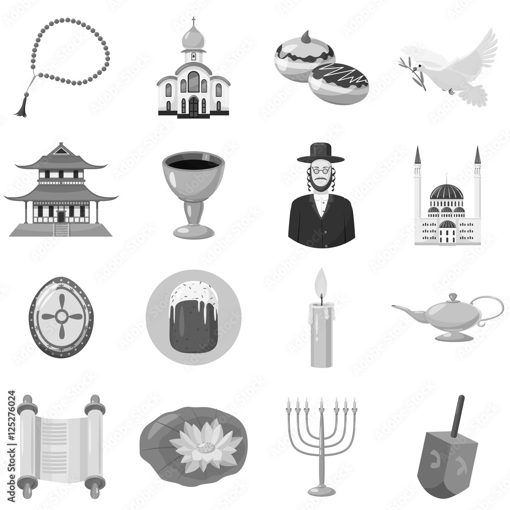 Judaism church traditional symbols icons set. Gray monochrome ...