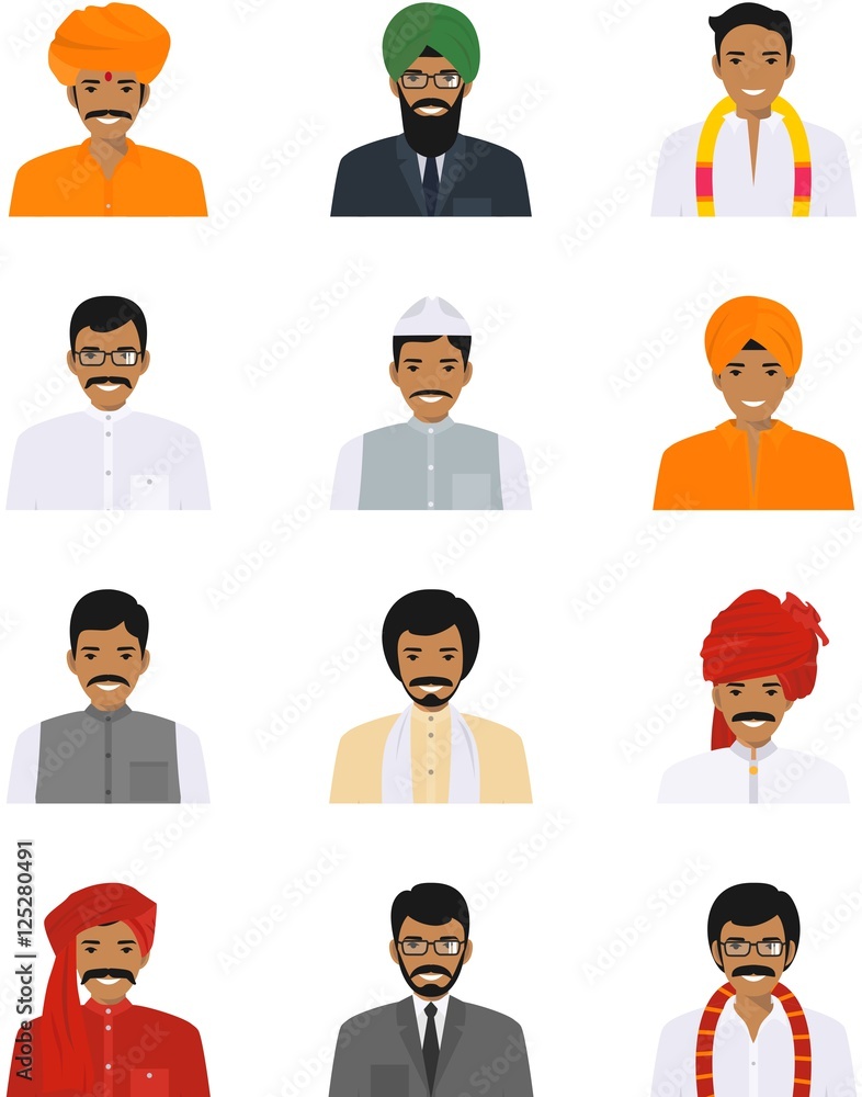 Different indian people characters avatars icons set in flat style ...