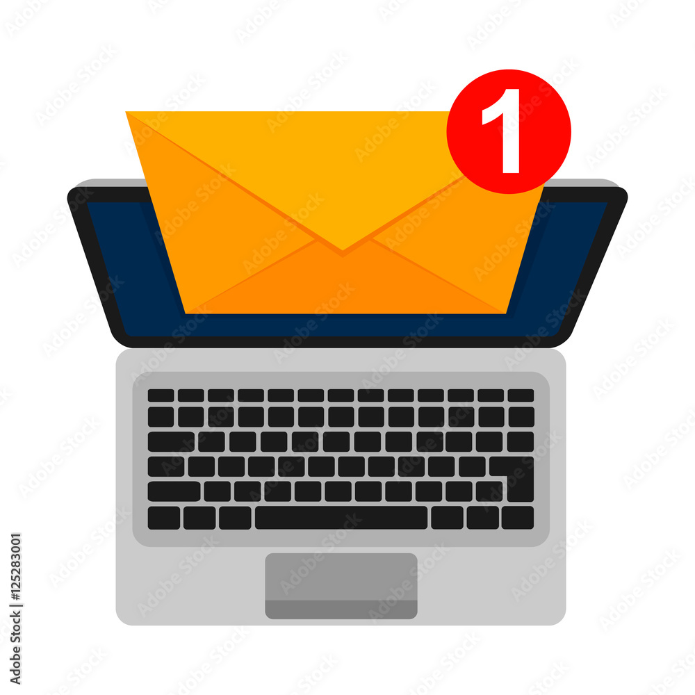 Laptop and envelope on screen. Isolated white background. E-mail ...