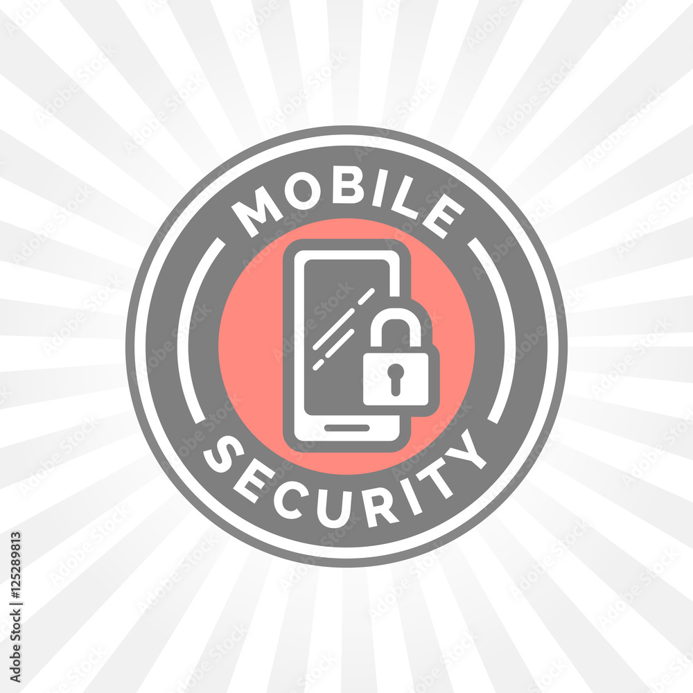 Mobile device security icon with padlock and smartphone symbol badge ...