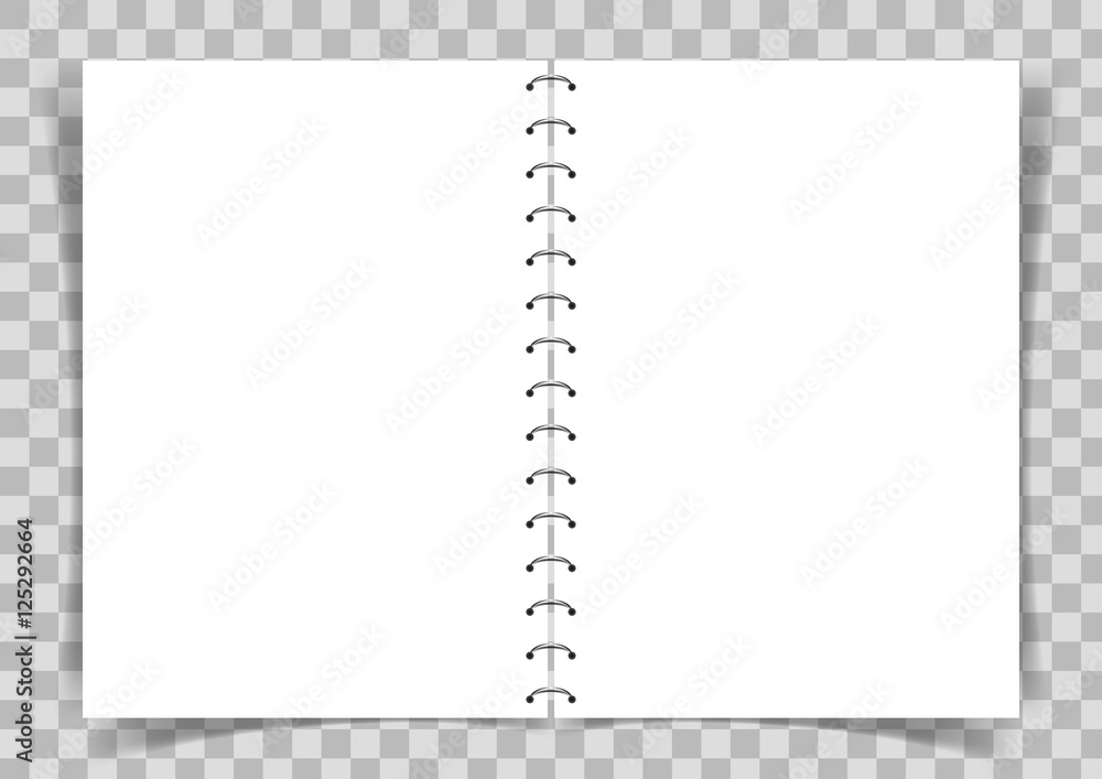 Blank paper book connected with spiral on transparent vector background ...