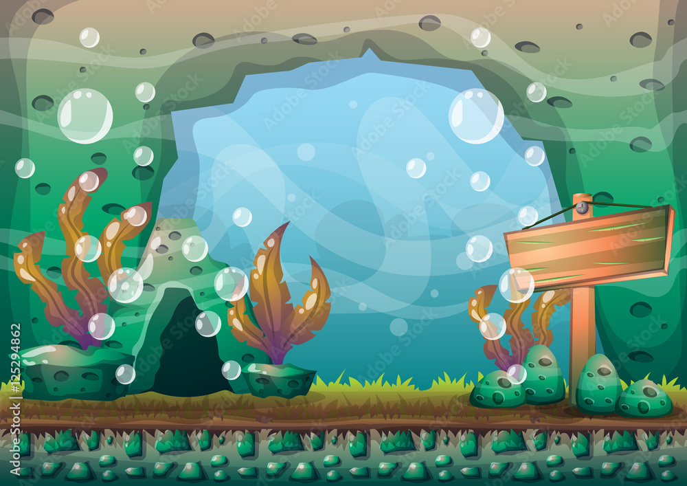 cartoon vector underwater background with separated layers for game art ...