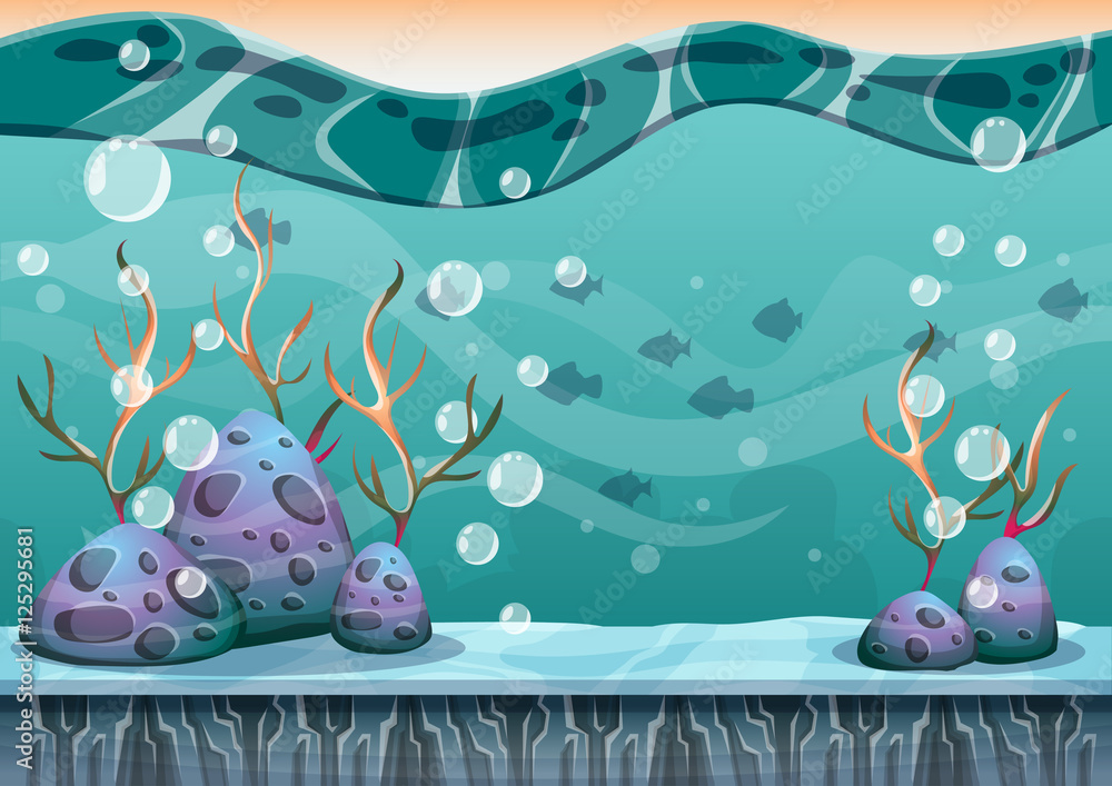 cartoon vector underwater background with separated layers for game art ...