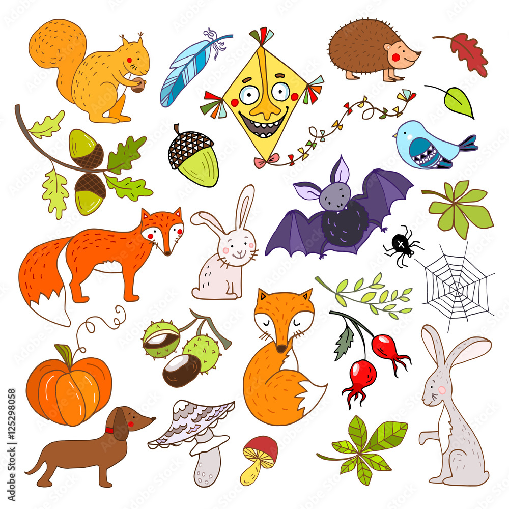 Autumn animals set, hand drawn vector set of animals and natural ...