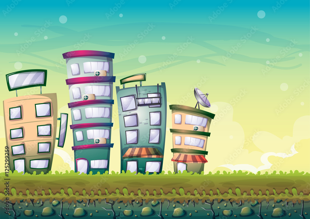 cartoon vector building background with separated layers for game art ...