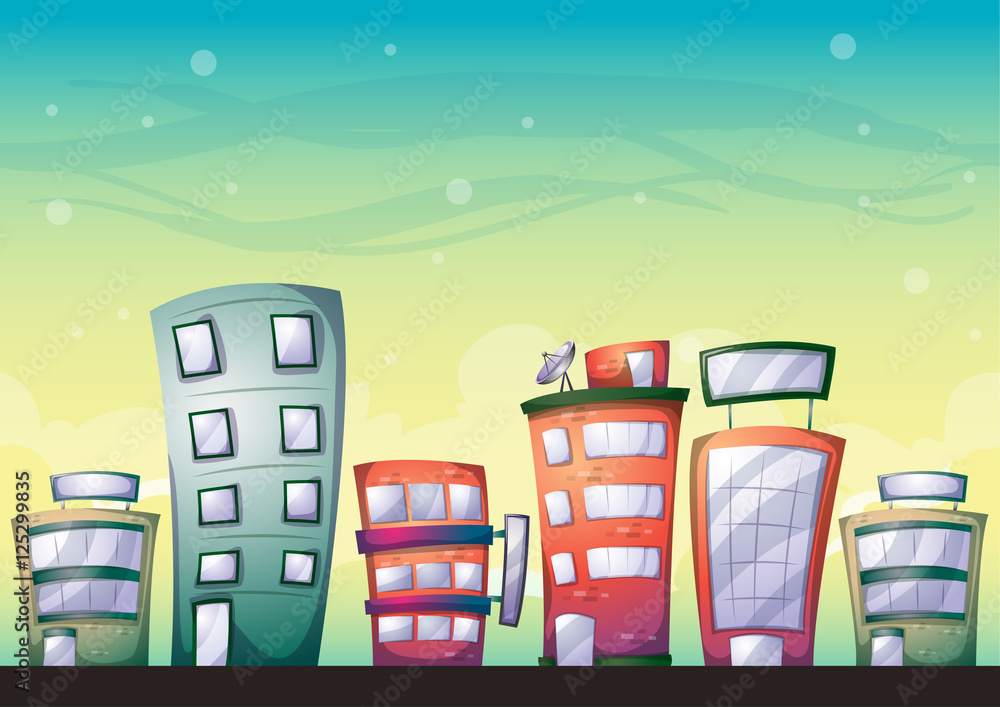 cartoon vector building background with separated layers for game art ...