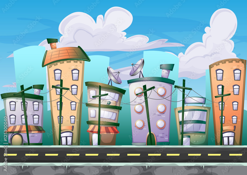 cartoon vector building background with separated layers for game art ...