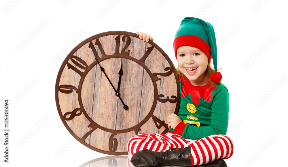 Christmas concept. Little Elf with clock isolated on white Stock-Foto ...