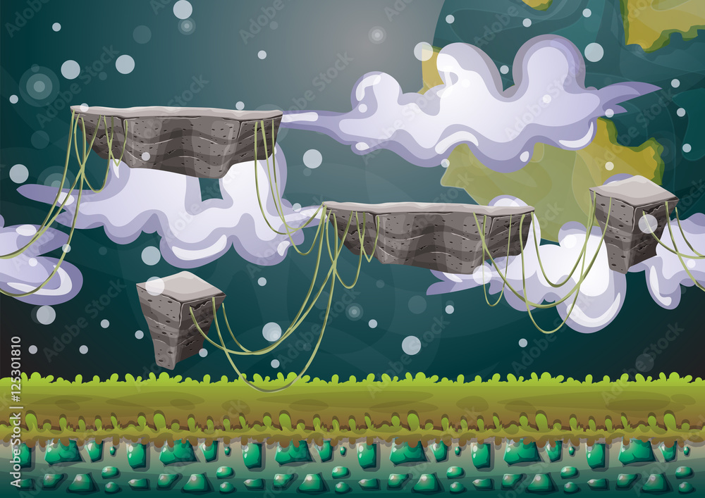 cartoon vector floating island background with separated layers for ...
