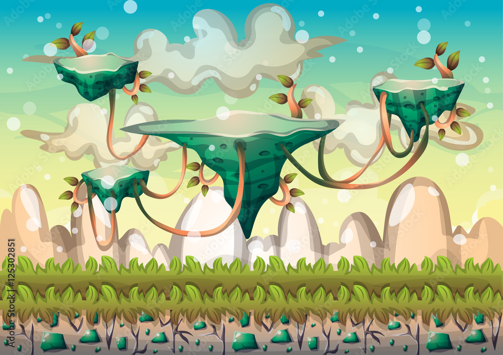 cartoon vector floating island background with separated layers for ...