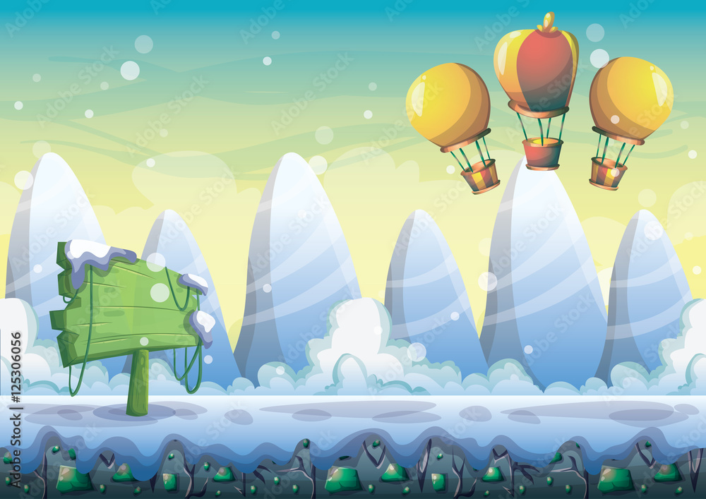 cartoon vector snow landscape background with separated layers for game ...