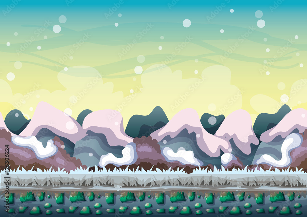 cartoon vector snow landscape background with separated layers for game ...