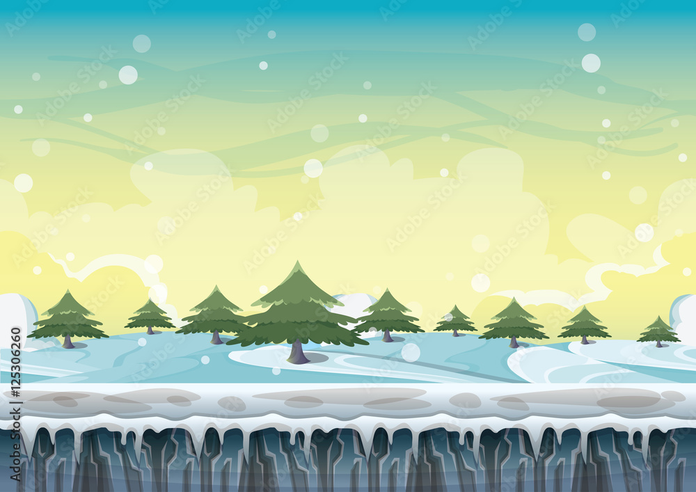 cartoon vector snow landscape background with separated layers for game ...