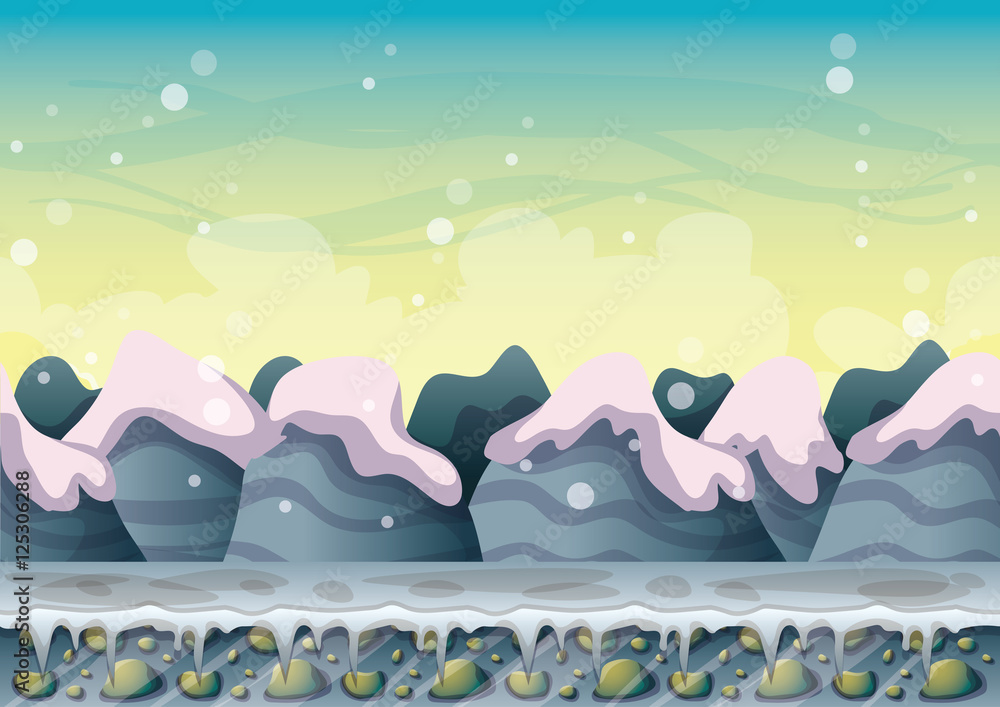 cartoon vector snow landscape background with separated layers for game ...