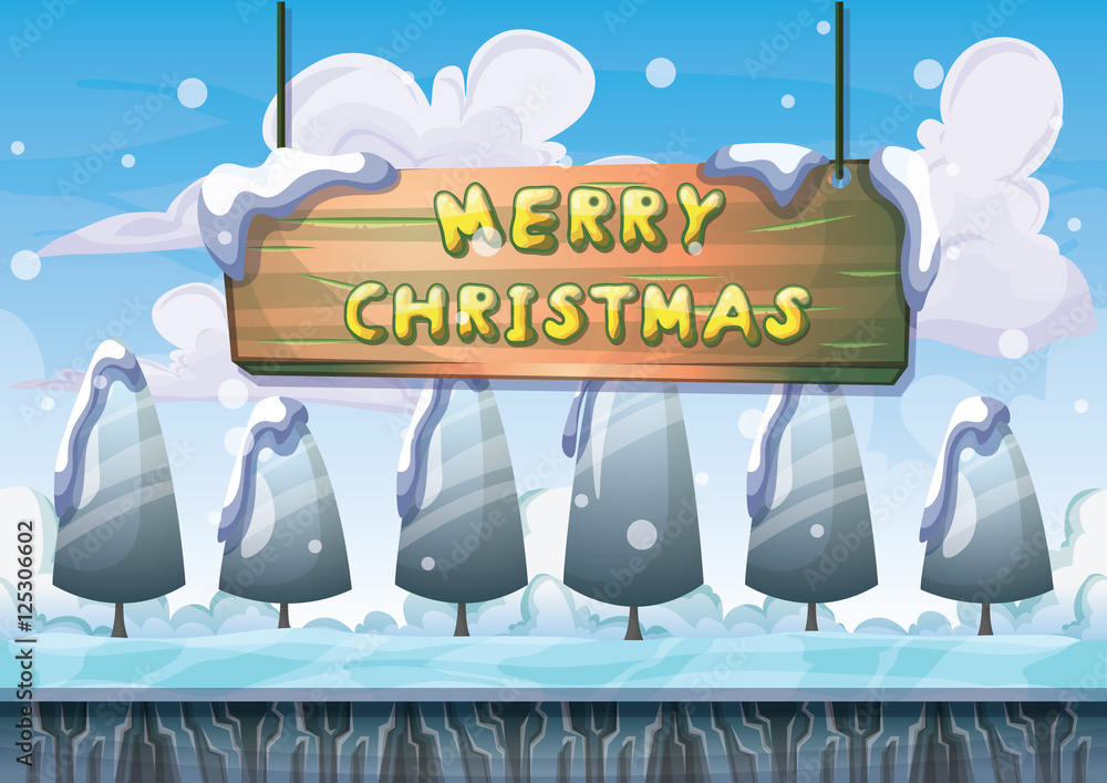 cartoon vector snow landscape background with separated layers for game ...