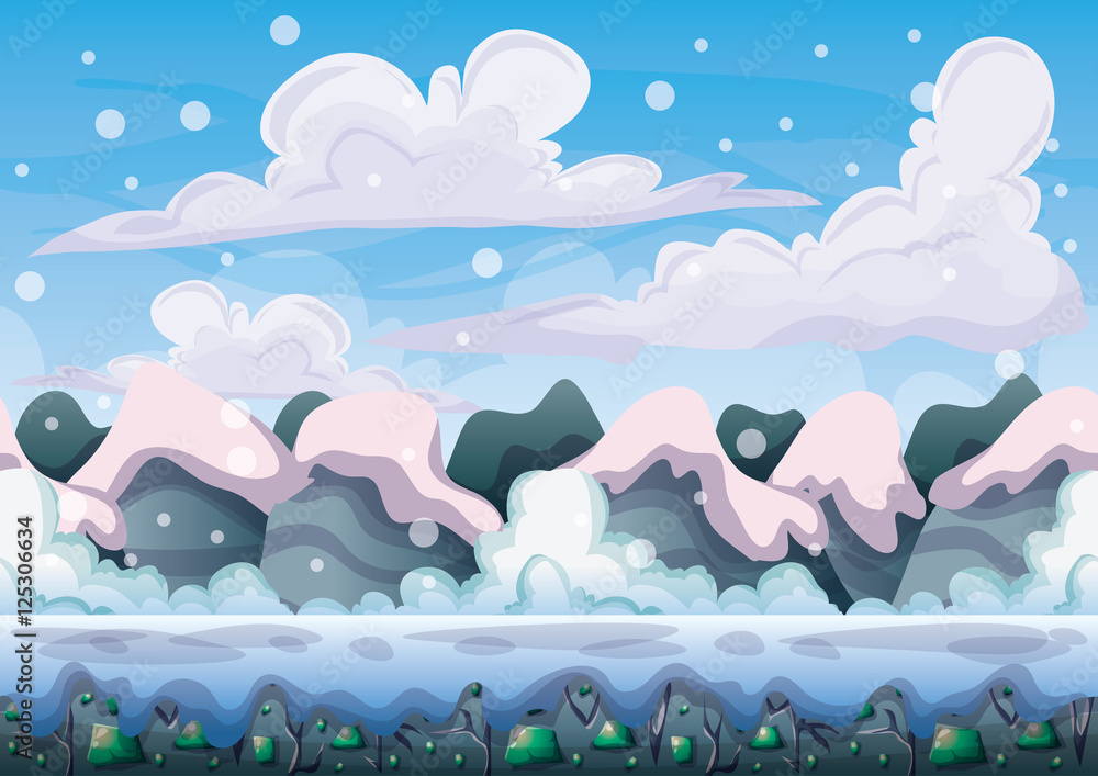 cartoon vector snow landscape background with separated layers for game ...