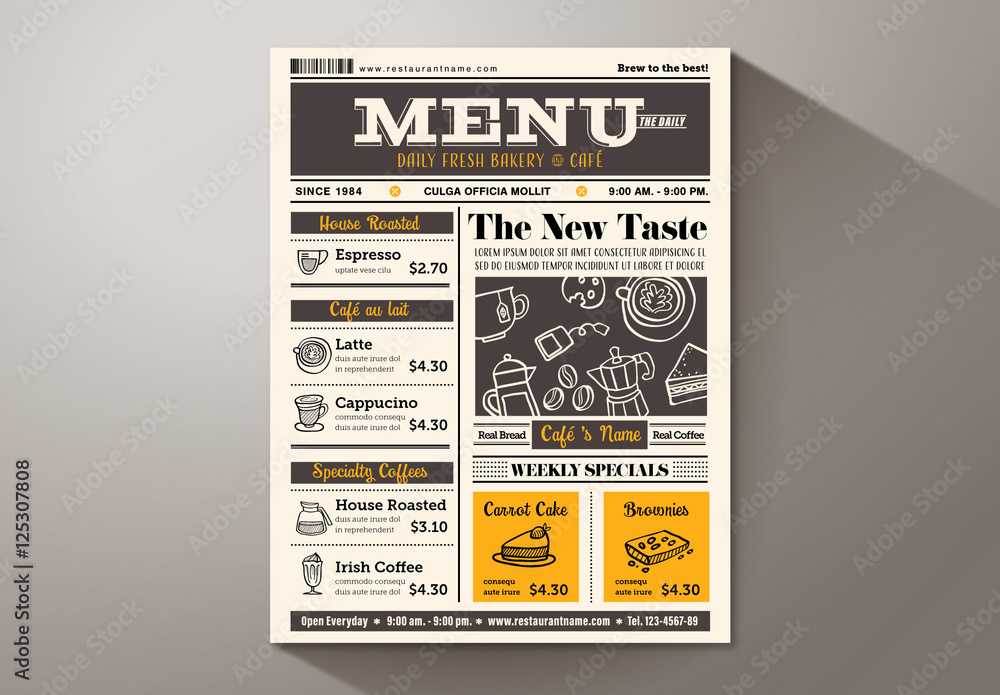 Newspaper Café Menu Stock Template | Adobe Stock