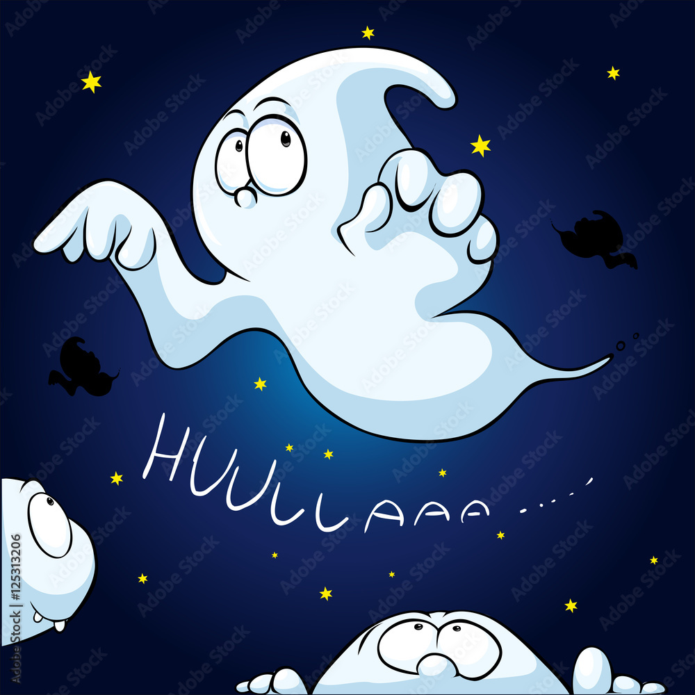 cute ghost peeking on dark sky background - vector cartoon illustration ...