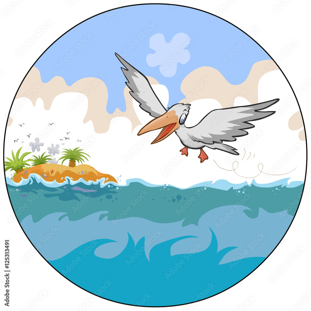 Cartoon sea illustration with a flying bird and an island. Stock Vector ...