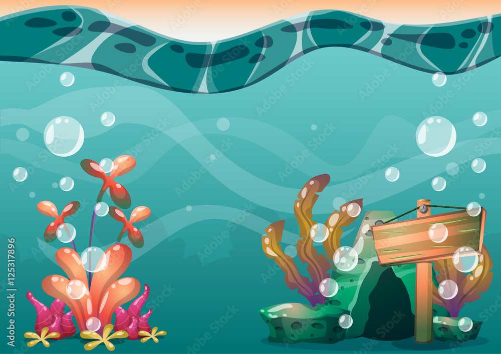 cartoon vector underwater background with separated layers for game art ...