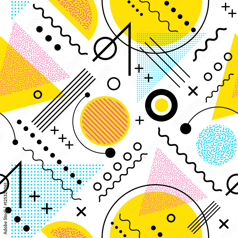 Seamless 1980s inspired graphic pattern of lines and geometric shapes ...