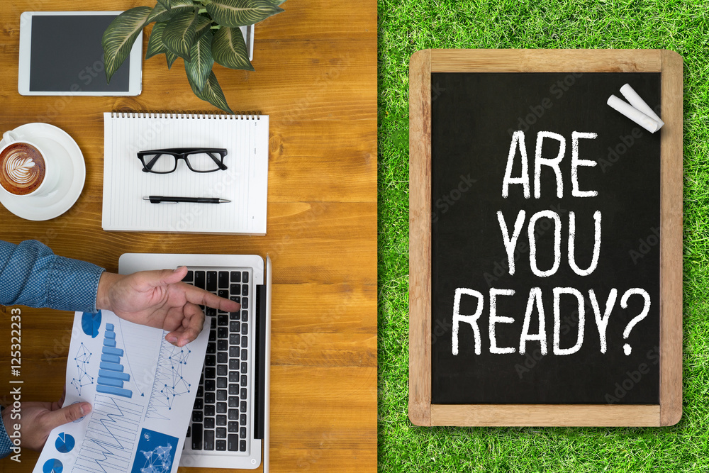ARE YOU READY? Businessman work hard desktop with laptop, Stock-Foto ...