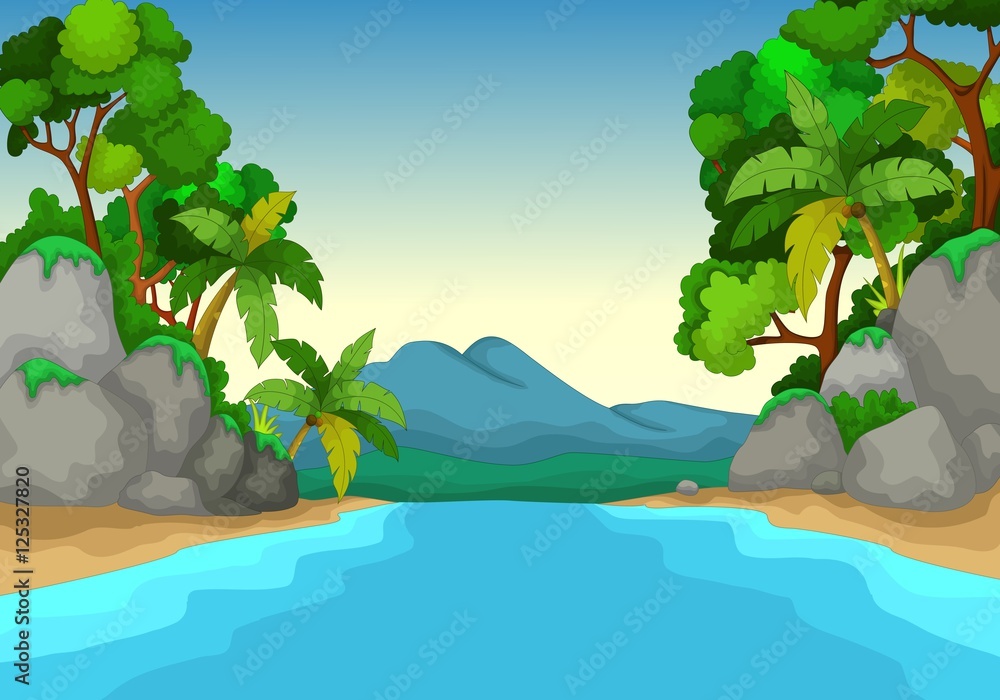 beautiful view of river cartoon with forest landscape background Stock ...