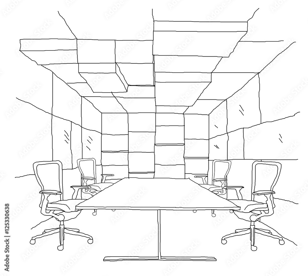Outline sketch drawing and paint of a interior space, office,Meeting ...