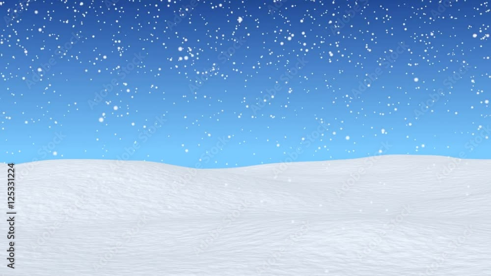 White snowy field, bright winter blue sky and beginning of snowfall ...