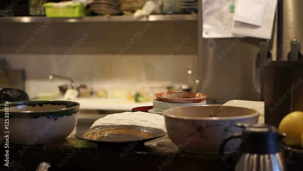 Normal Japanese local lunch set style restaurant bar with open kitchen ...