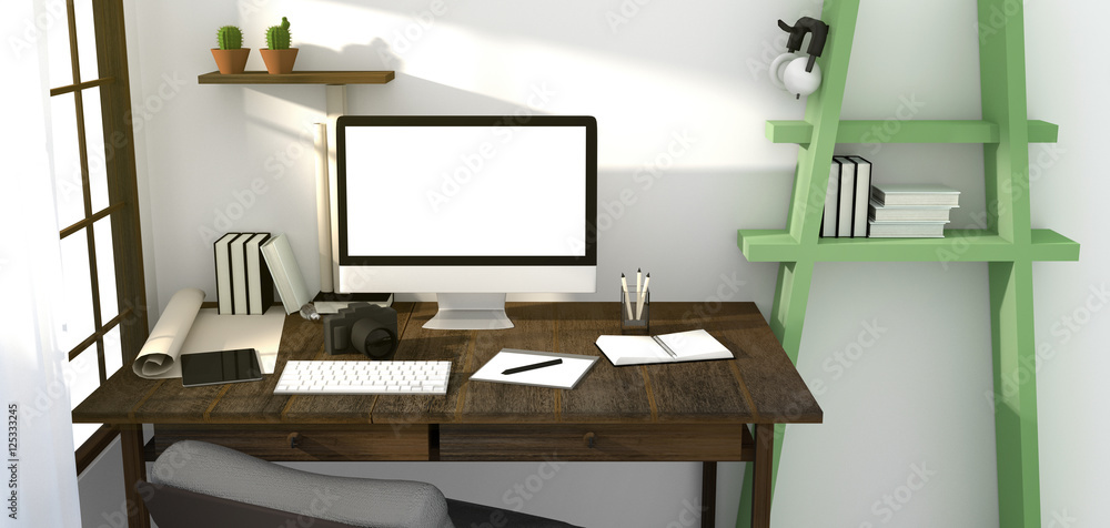 3D Rendering : illustration of modern creative workplace mockup.PC ...