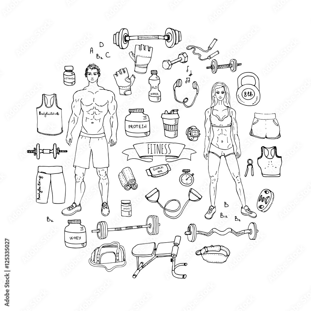 Hand drawn doodle fitness icons set. Vector illustration. Sport symbol ...