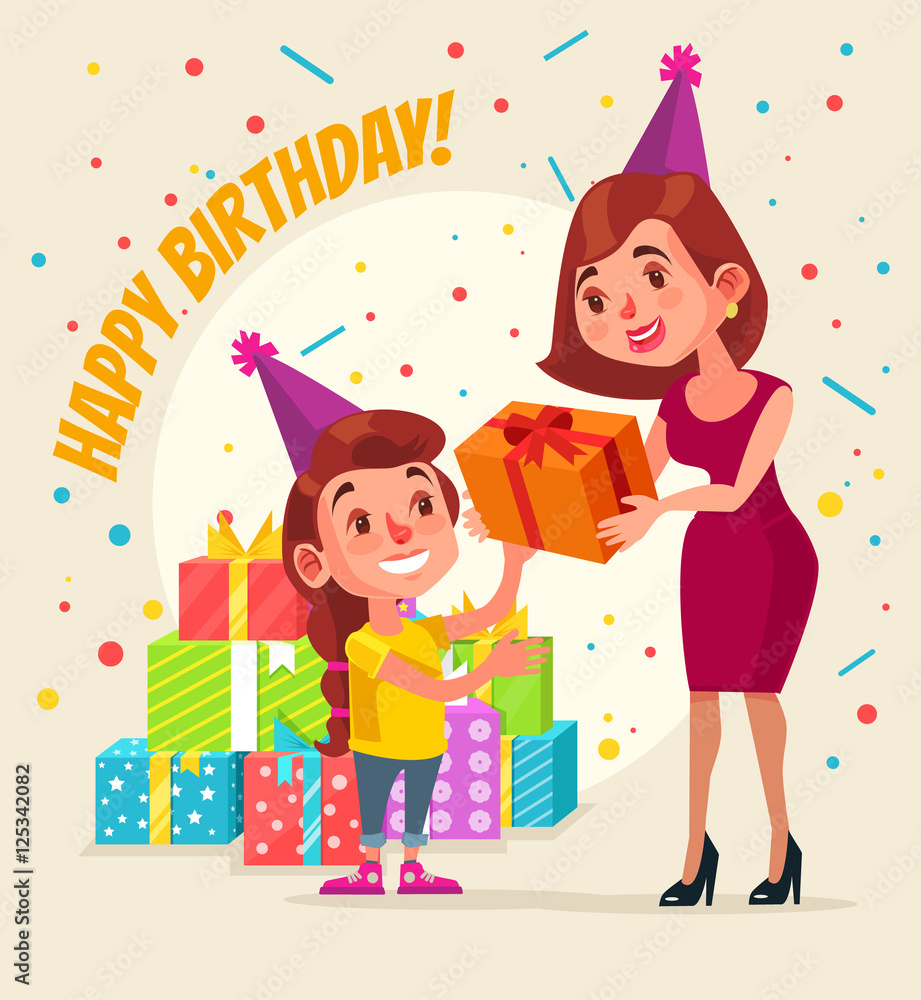 Little girl character birthday. Mom character give gift box. Happy ...