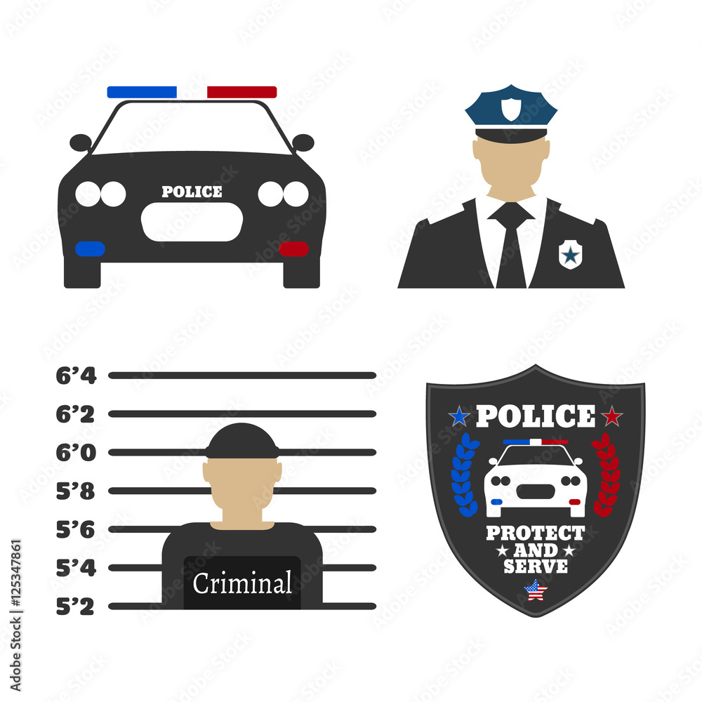Police car, police sign, officer, criminal man. Elements of the police ...