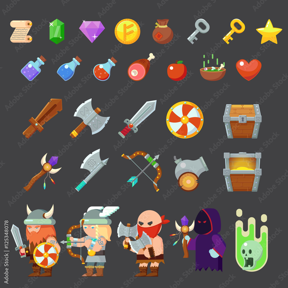 Game icons medieval viking. Inventory, heroes, enemies, weapon Stock ...