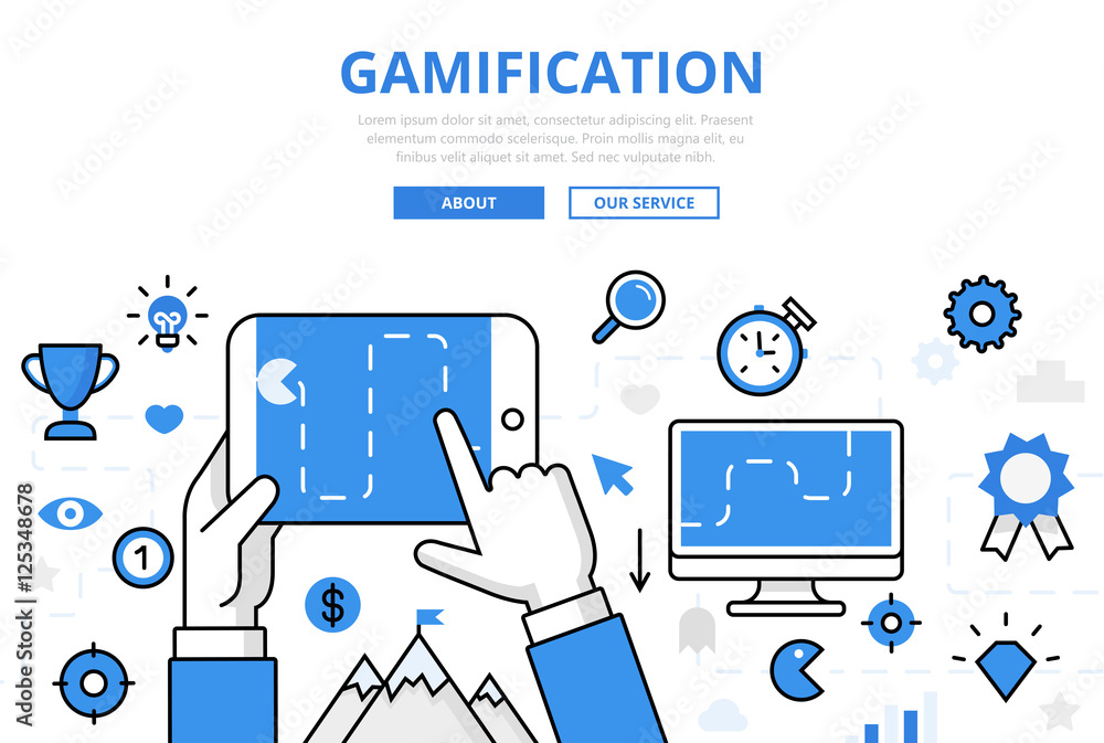 Linear flat GAMIFICATION infographics vector. Gaming, winning. Stock ...