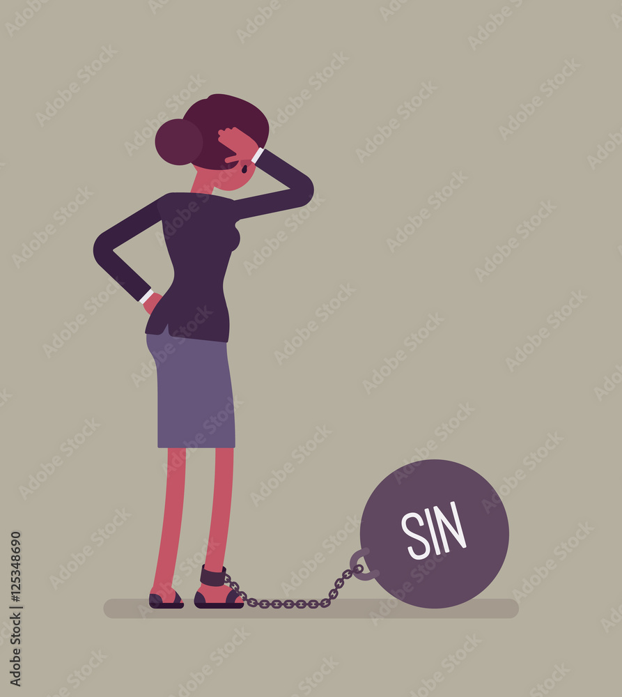 Businesswoman chained with a giant metall weight, written Sin on a ball ...