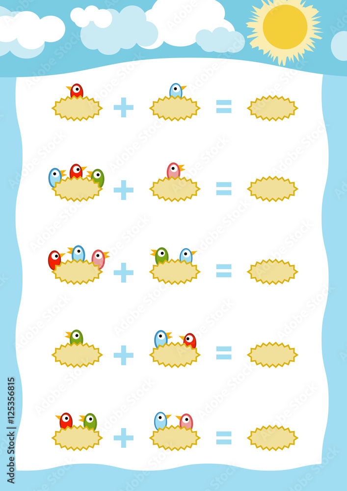 Counting Game for Children. Addition worksheets, birds in the nest ...
