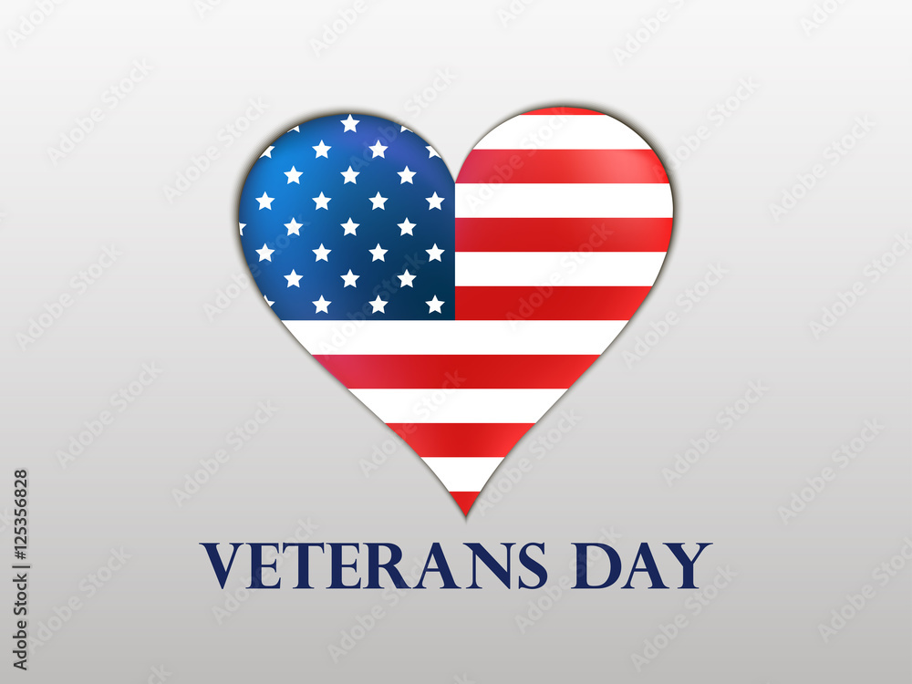Veterans Day. Brilliant heart with a US flag and shadow on a white ...