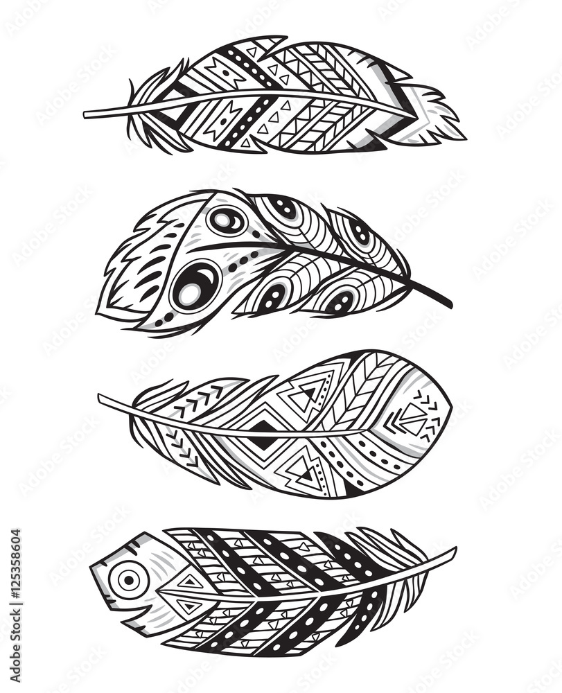 Vector outline abstract boho feathers on a white background Stock ...