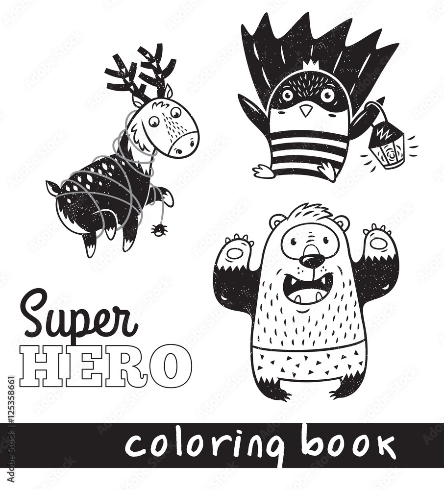 Hand drawn outline cartoon animals in superheroes costume Stock Vector ...