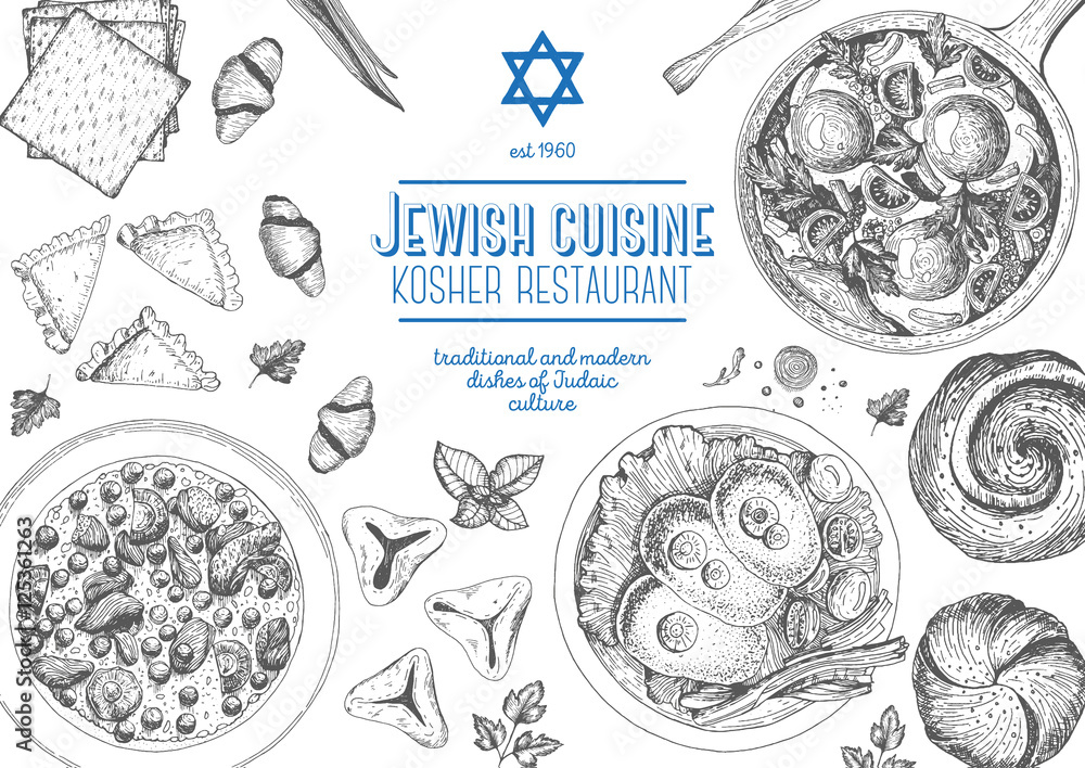 Jewish cuisine top view frame. Jewish food menu design. Kosher food ...