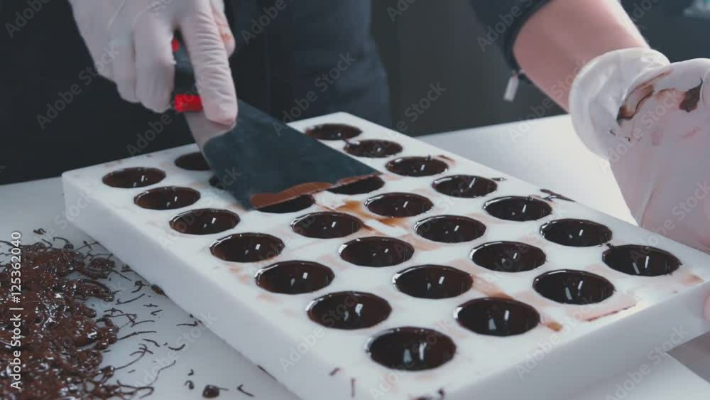Making chocolates candies. Removing surplus chocolate from the mold ...