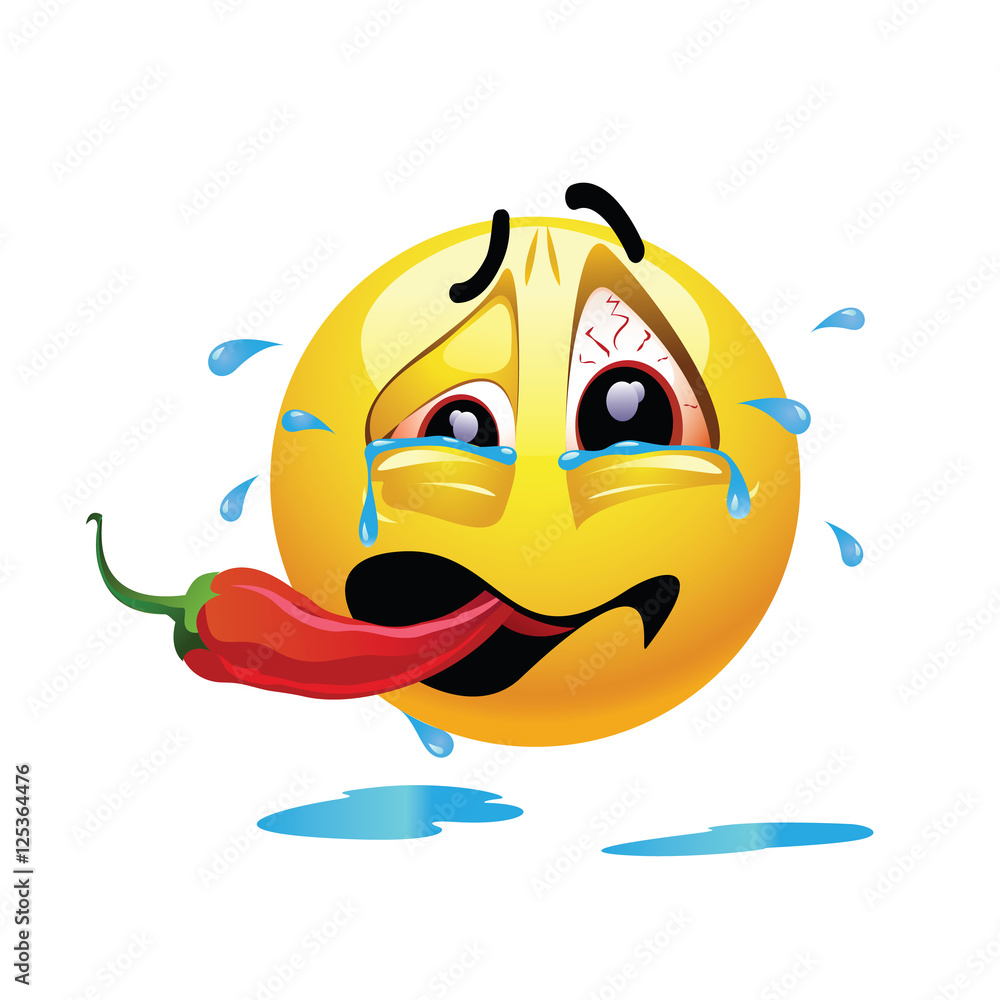 Smiley making funny faces while eating chili. Very hot chili pepper ...